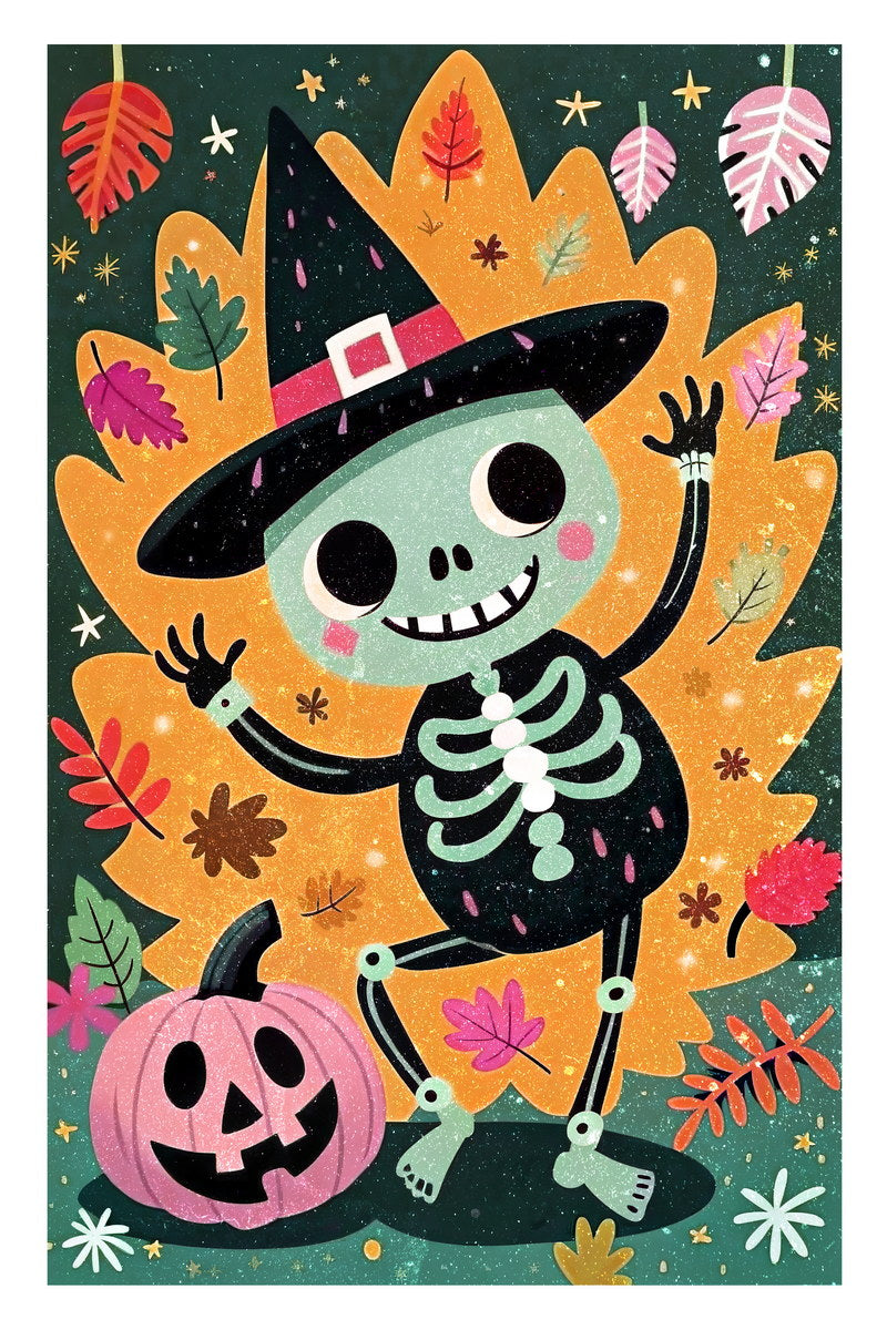 Poster - Cute Skeleton With Pumpkin Poster Trendy Halloween Print For ...