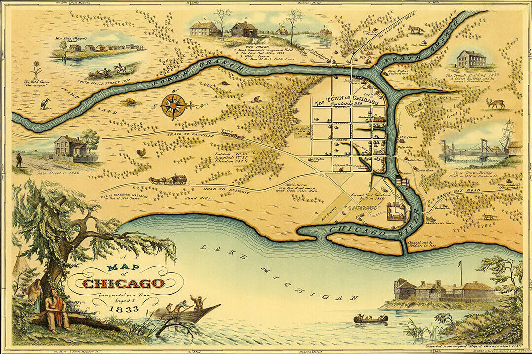 Poster - 1830s Map Of The Town Of Chicago Vintage Centennial Map Poster ...
