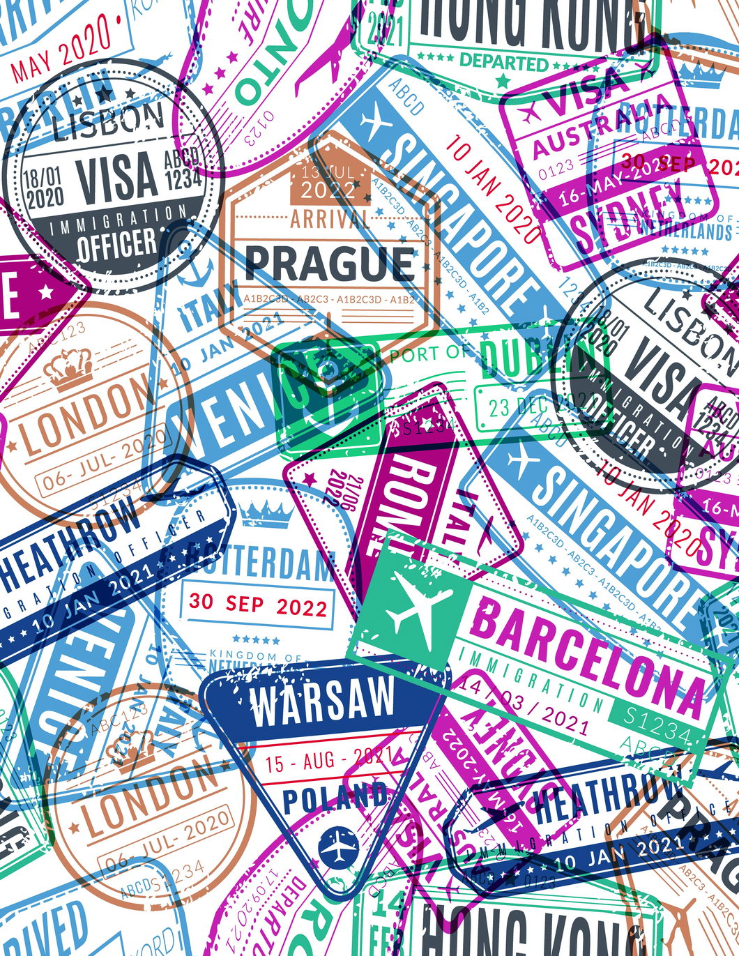 Poster - Travel Stamps Collage Poster Colorful World Adventure Map ...